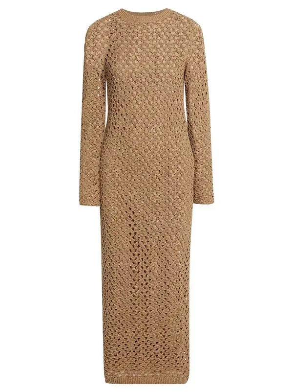Brunello Cucinelli Open-knit Cotton, Linen, And Silk-blend Midi Dress - Light Brown