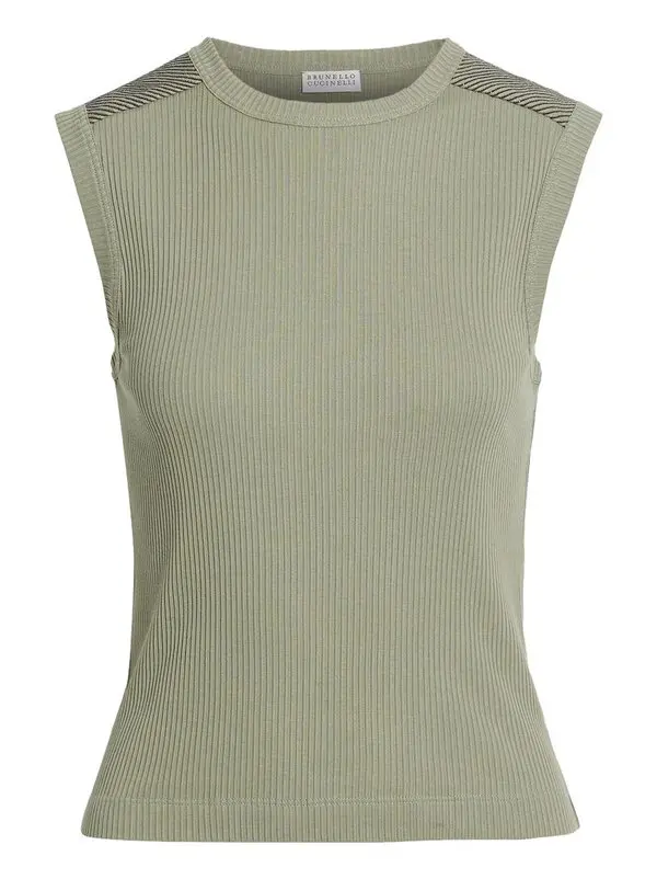 Brunello Cucinelli Bead-embellished Ribbed Cotton Top - Sage Green