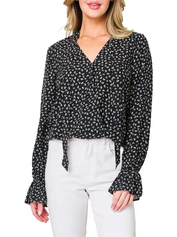 GIBSONLOOK Floral Surplice Tie Neck Top - Black Boho Floral