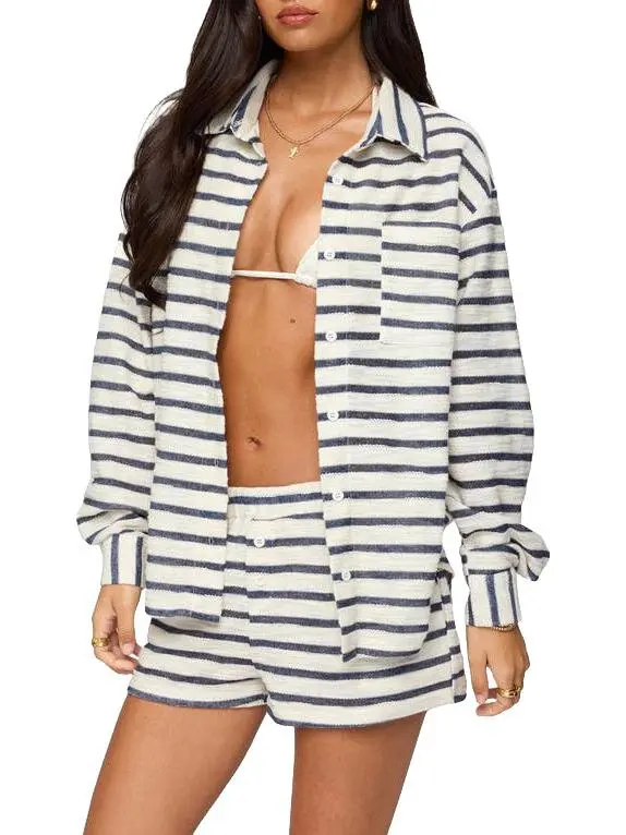 EDIKTED Collins Stripe Oversize Button-up Shirt - Navy-and-cream