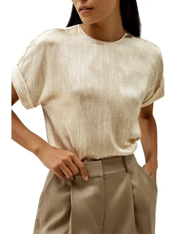 Lilysilk Printed Pearl Satin Silk T-shirt Top - Grain