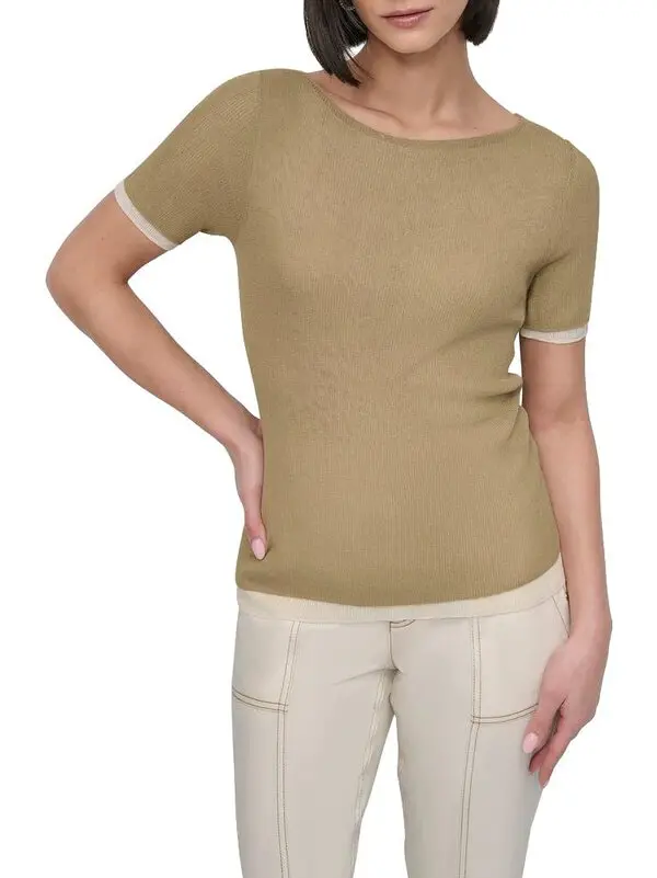 Dkny Contrast Layered Short Sleeve Sweater - Pale Moss/