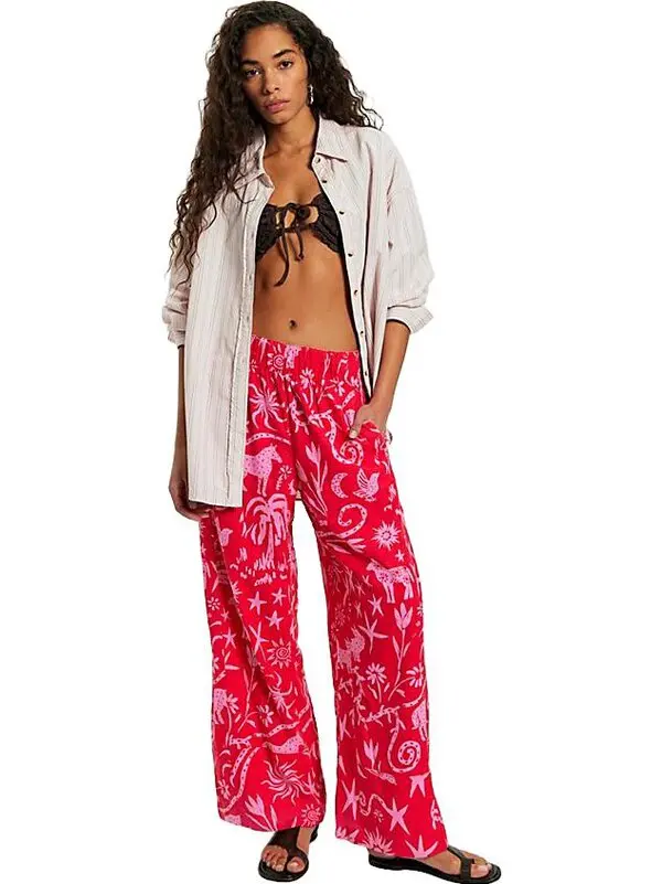 Free People Day's End Linen Printed Pull-on Pants - Cherry Combo