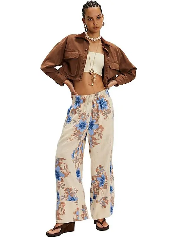 Free People Day's End Linen Printed Pull-on Pants - Ivory Combo - Floral