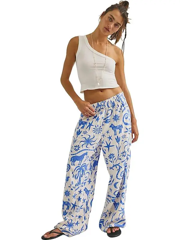 Free People Day's End Linen Printed Pull-on Pants - Peri Combo