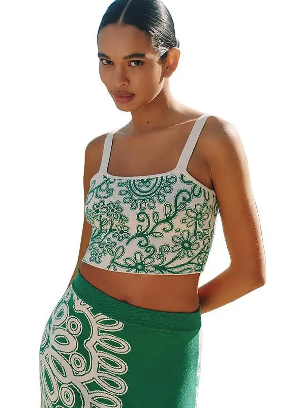 CELANDINE Knit Square Crop Tank Top - Dark Green