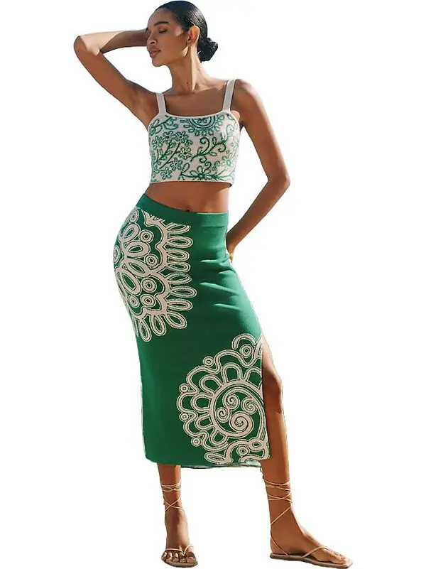 CELANDINE Fitted Knit Midi Skirt - Dark Green