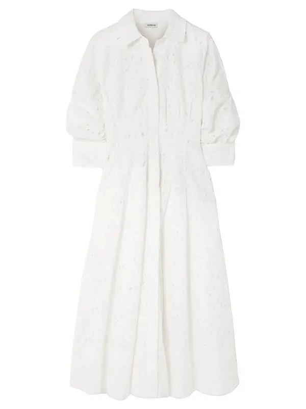 Simkhai Jazz Pleated Broderie Anglaise Cotton Midi Shirt Dress - White