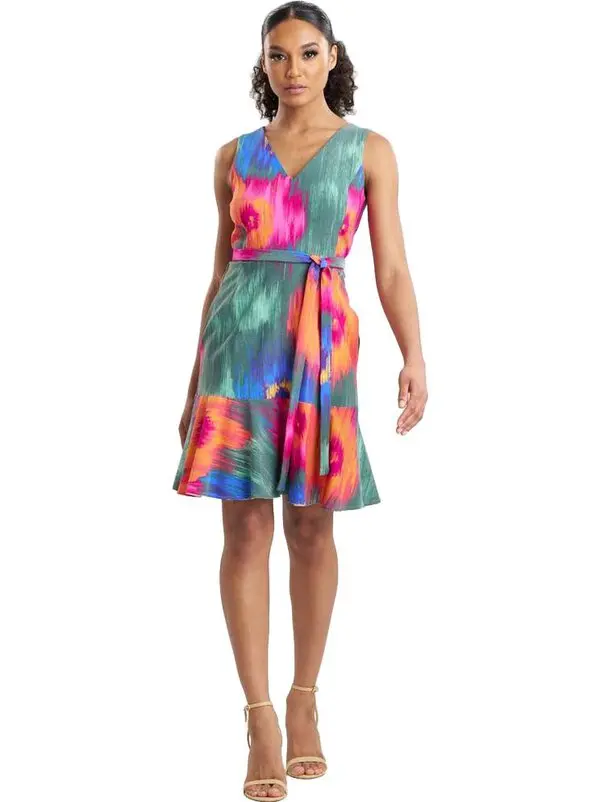 Natori Floral Belted Ruffle Hem Dress - Multi
