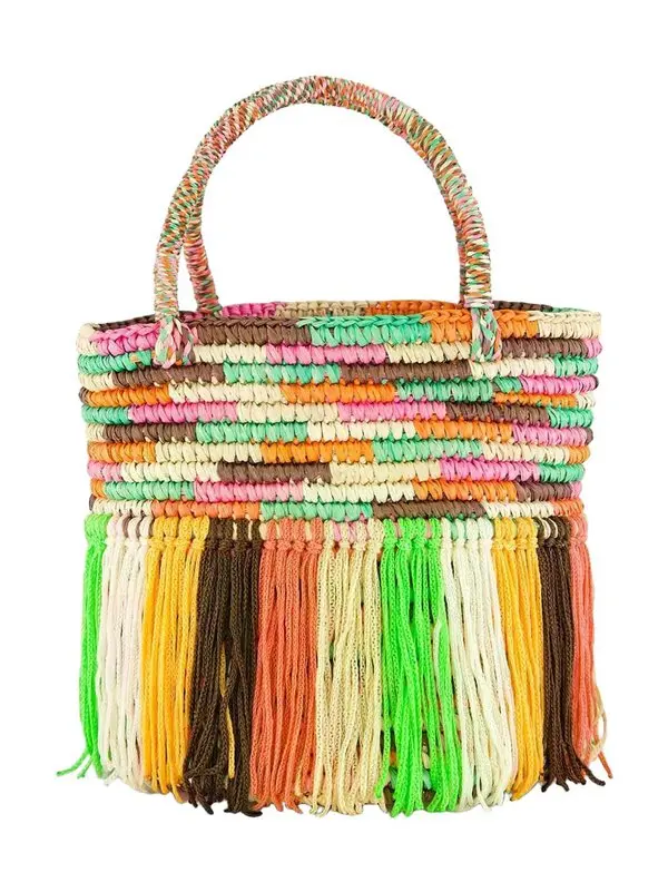 SENSI STUDIO Fringed Woven Tote Bag - Orange