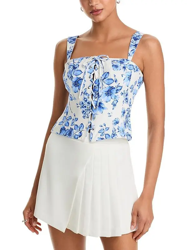 Aqua Tie-front Floral Tank Top - White/blue