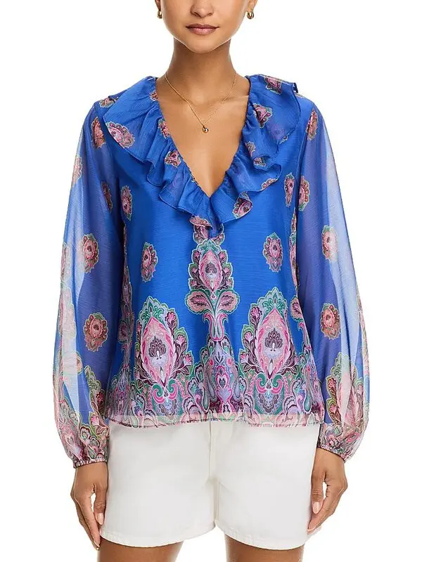 Aqua Paisley Chiffon Blouse - Blue