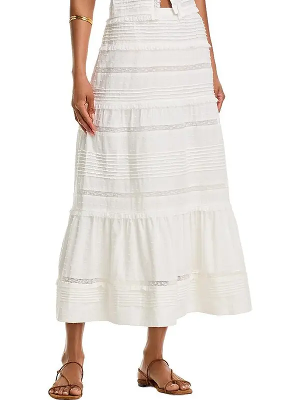 Aqua Pintuck Lace Inset Midi Skirt - White