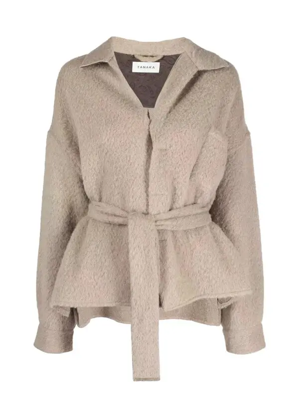 TANAKA V-neck Belted Fleece Cardigan Coat - Neutrals