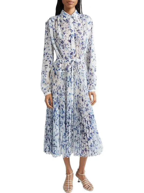 Proenza Schouler Long Sleeve Pleated Crinkle Chiffon Shirt Dress - Off White Multi