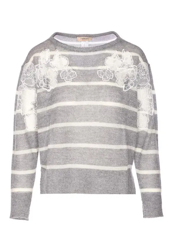 TWINSET Striped Sweater With Lace And Embroidered Detail - Grey