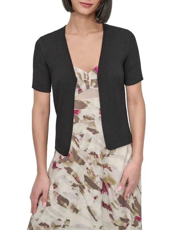 Dkny Hook & Eye Short Sleeve Ribbed Cardigan - Black