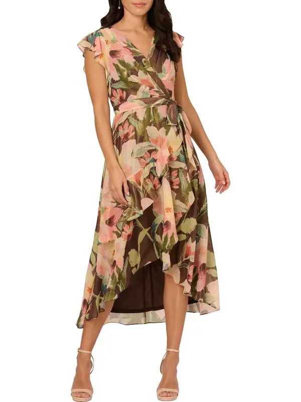 Adrianna Papell Floral High-low Midi Dress - Brown Multi