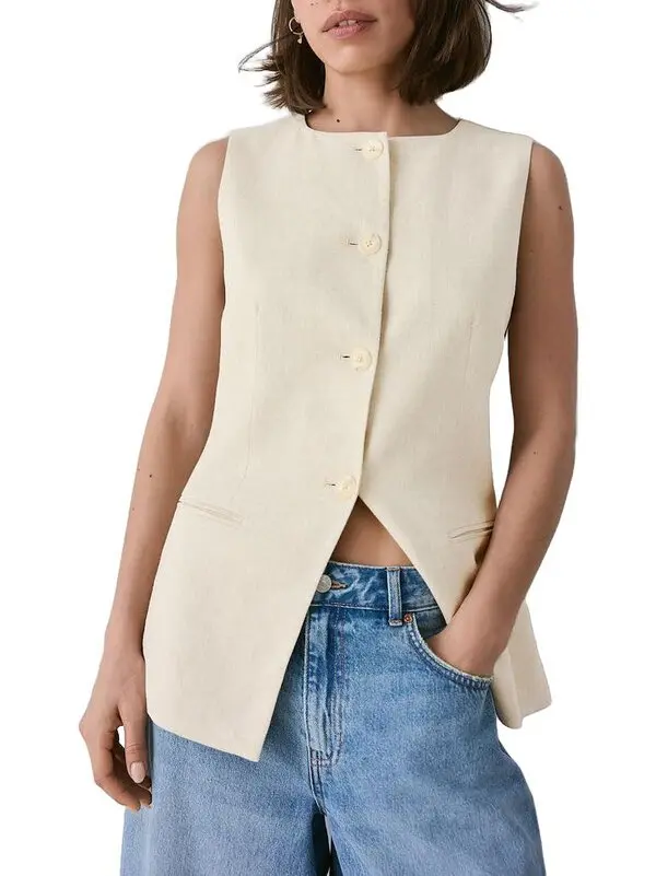 NEXT Long Linen Blend Vest - Neutral