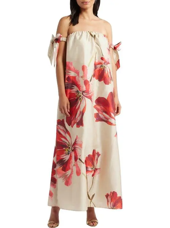HUTCH Bow Off-the-shoulder Maxi Dress - Taupe/ Red