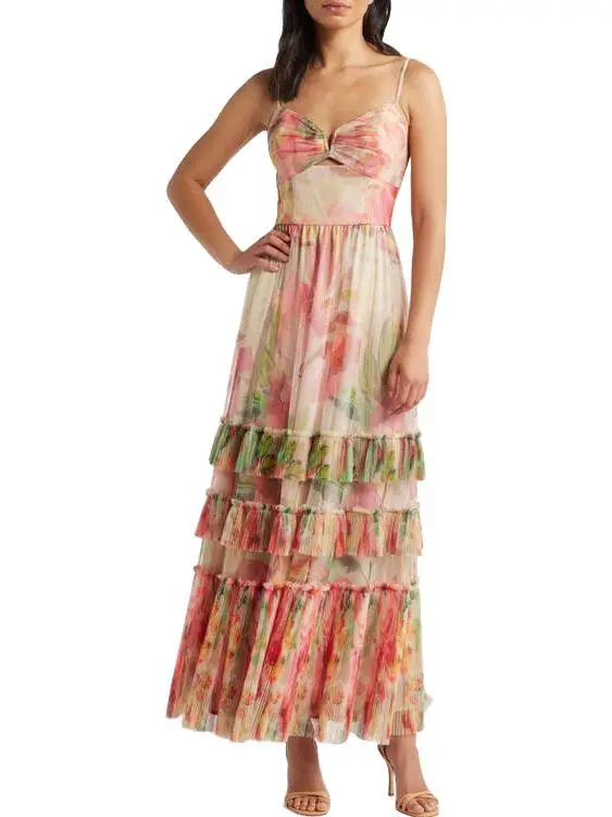 HUTCH Tiered Mesh Maxi Sundress - Taupe Floral