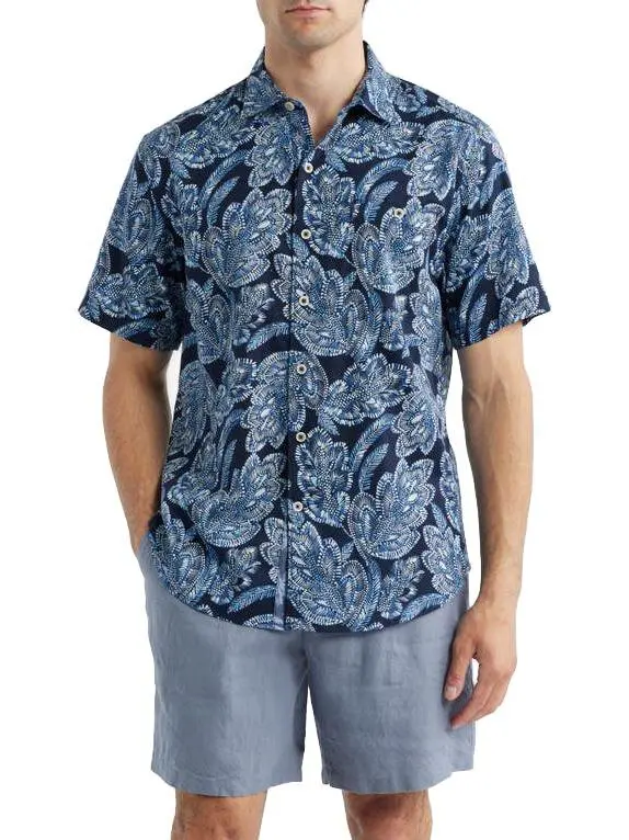 Tommy Bahama Tortola Midnight Blues Short Sleeve Linen Blend Button-up Shirt - Mood Sea