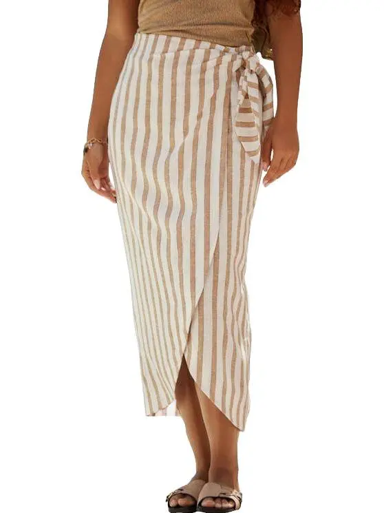 NEXT Striped Linen Blend Faux Wrap Midi Skirt - Neutral