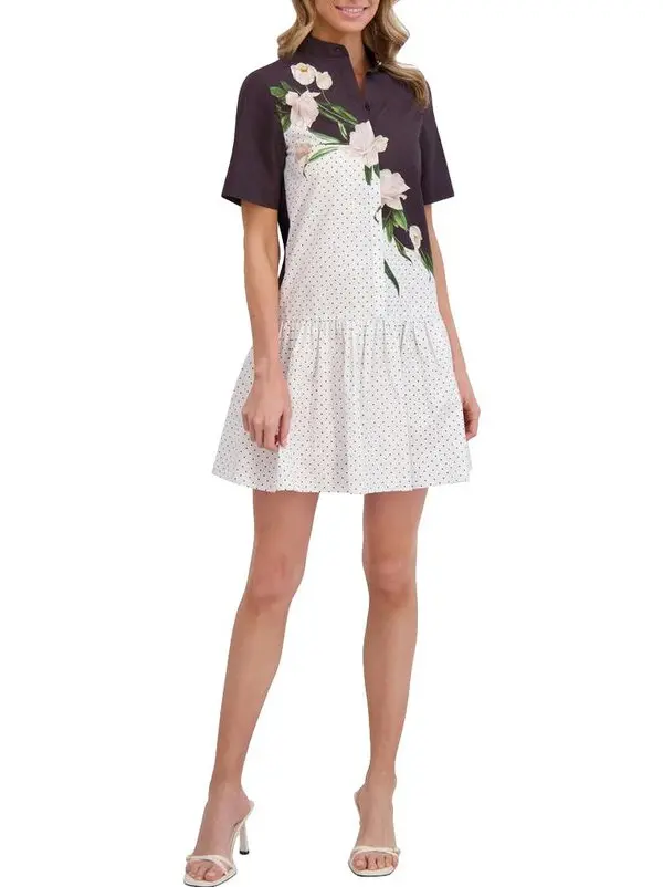 Ted Baker London Floral Cotton Drop Waist Shirt Dress - Ultra White