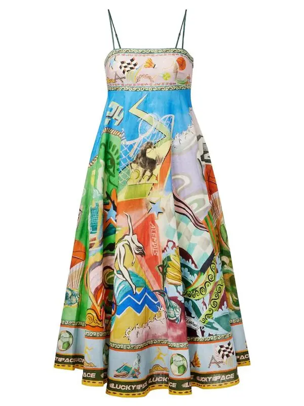 ALEMAIS Lucky Pace Printed Linen Midi Dress - Multicoloured