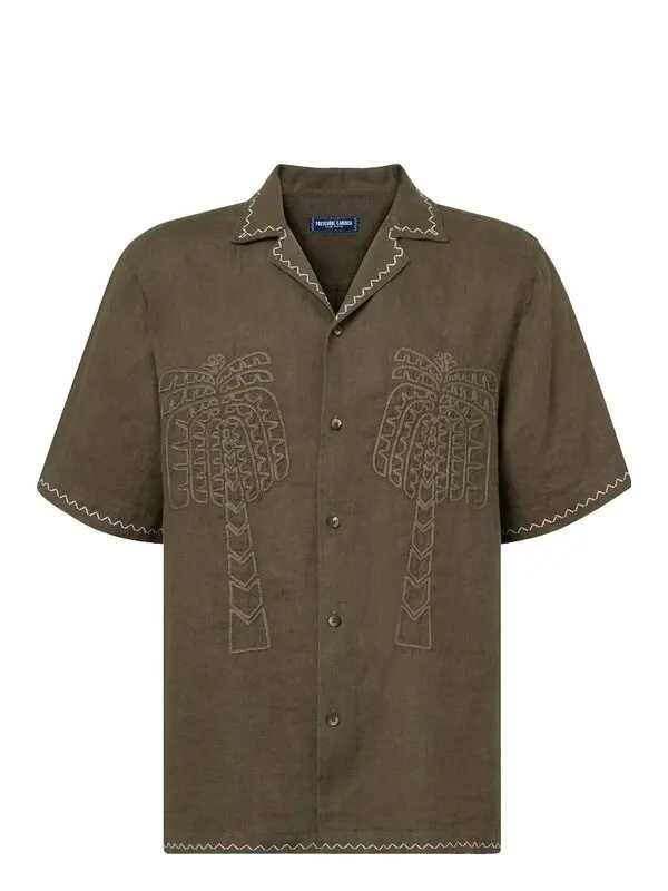 Frescobol Carioca Flavio Embroidered Linen Bowling Shirt - Green