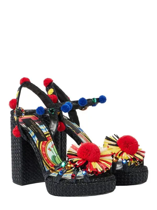 Dolce & Gabbana 105 Embellished Raffia Sandals - Black