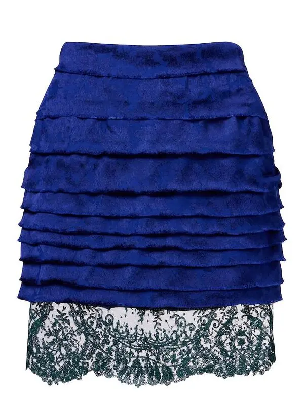 Saint Laurent Layered Lace-trimmed Jacquard Miniskirt - Blue