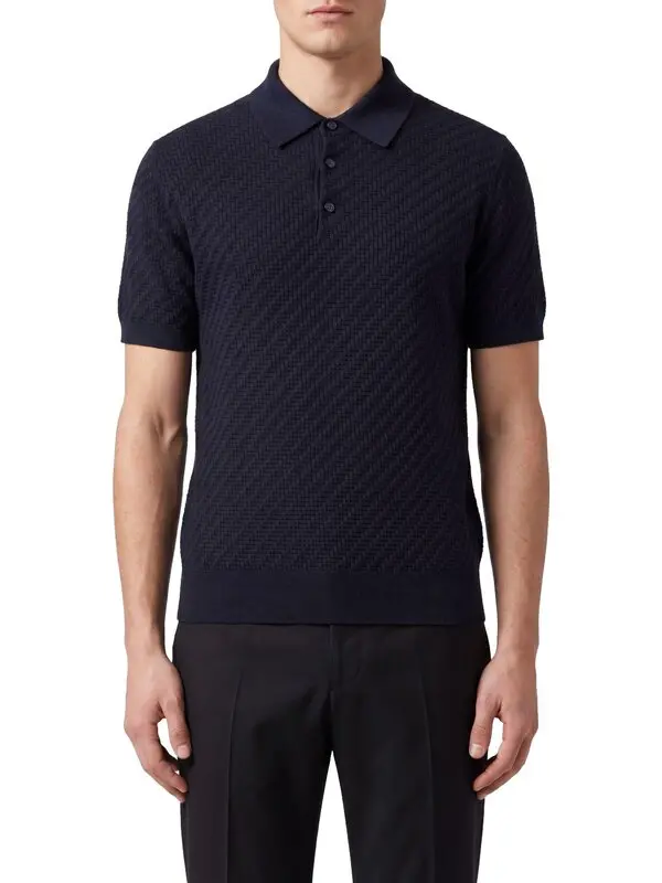 Brioni Slim Fit Knit Polo Shirt In Cotton With Ribbed Collar And Cuffs - Navy