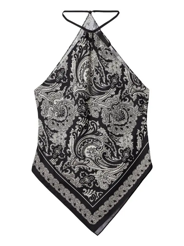 NILI LOTAN Bandana-print Silk Halterneck Top - Black
