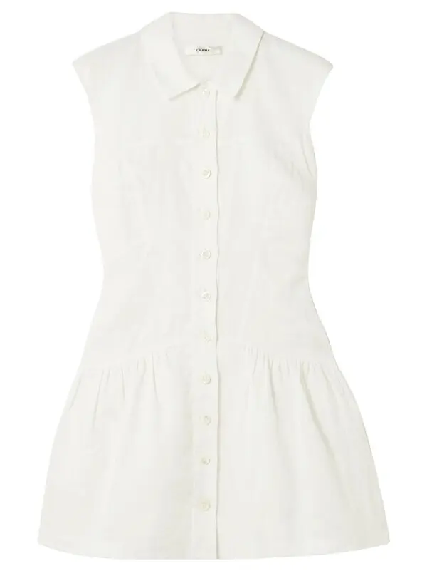 FRAME Gathered Linen Mini Shirt Dress - White