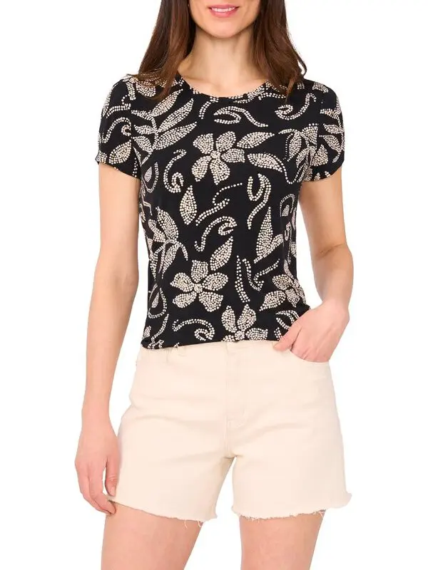 Vince Camuto Keyhole Floral Top - Rich Black