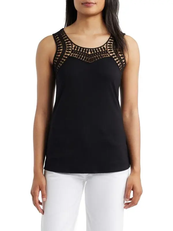 Loveappella Guipure Lace Accent Scoop Neck Tank - Black