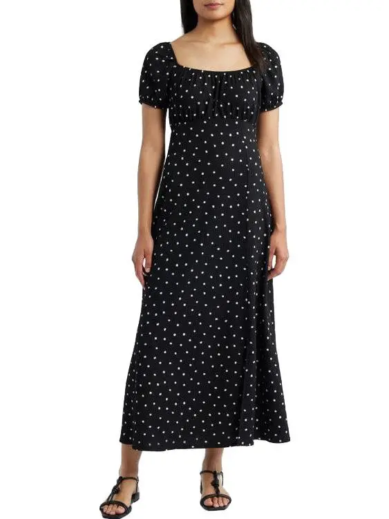 Loveappella Ruched Polka Dot Midi Dress - Black