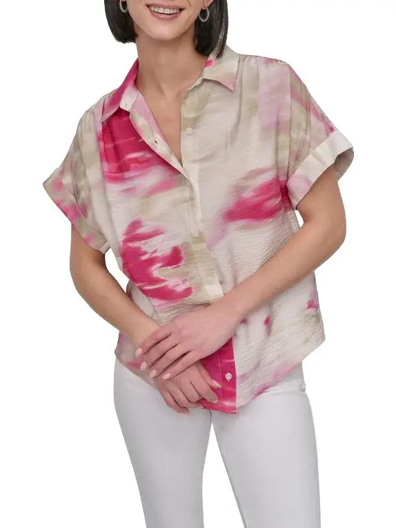 Dkny Abstract Print Textured Short Sleeve Shirt - May Watercolor