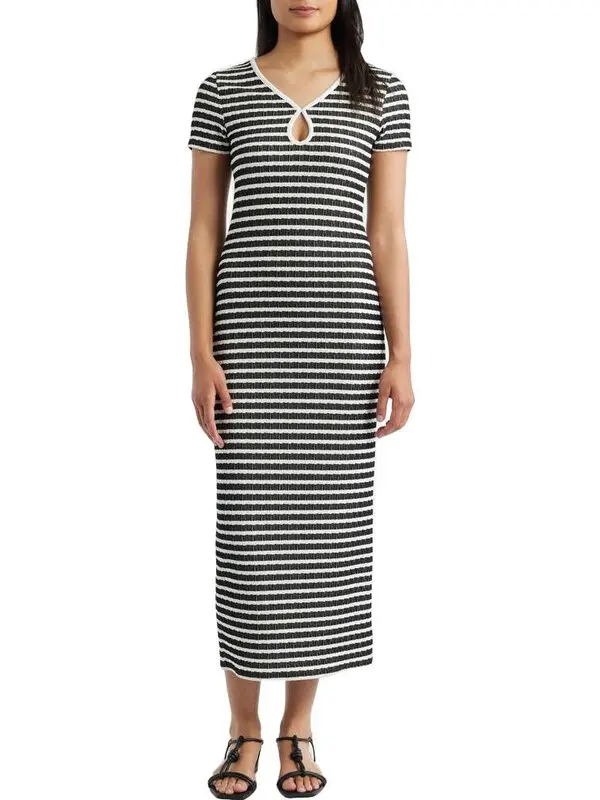 Loveappella Keyhole Stripe Textured Midi Dress - Black/ivory