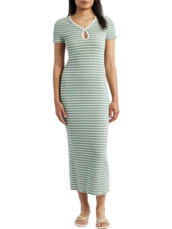 Loveappella Keyhole Stripe Textured Midi Dress - Sage/ Ivory