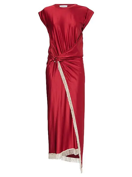 Rabanne Draped Fringed Stretch-jersey Maxi Dress - Ruby Red