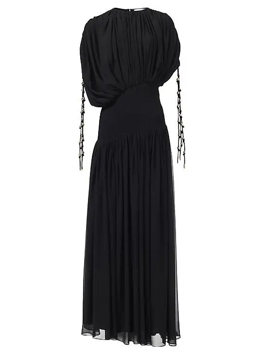LEEM Asymmetric Smocked-waist Woven Midi Dress - Black