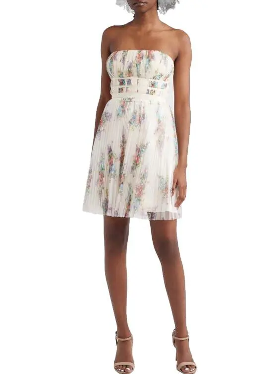 Lulus Calais Pleated Strapless Minidress - Ivory Floral