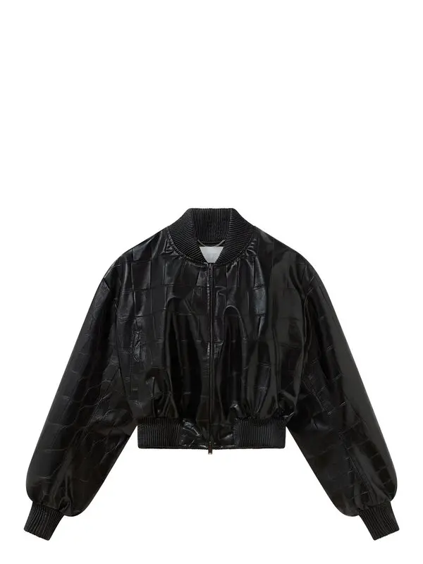 Stella McCartney Crocodile-embossed Cropped Bomber Jacket - Black