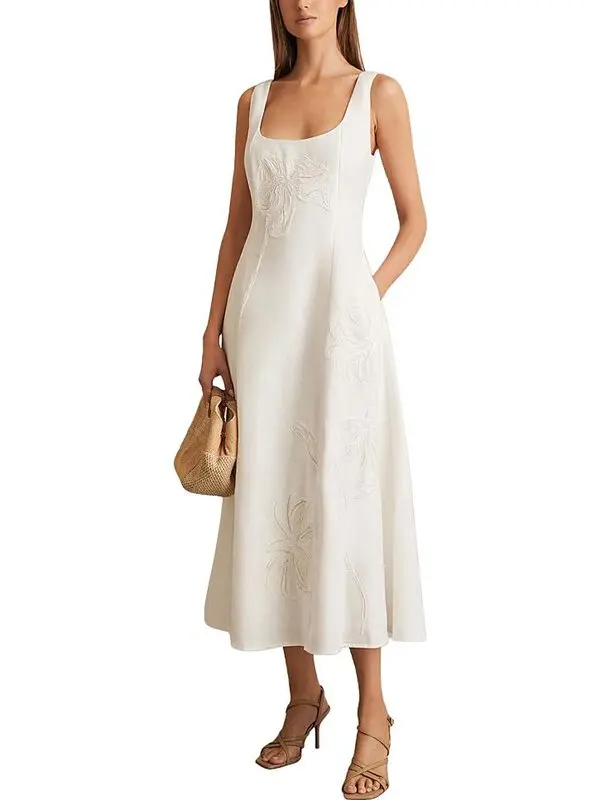 REISS Elise Linen Embroidered Dress - Ivory