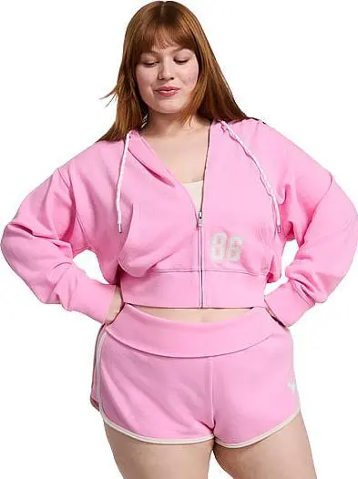 Pink Campus Terry Shrunken Full-zip Hoodie - Pink
