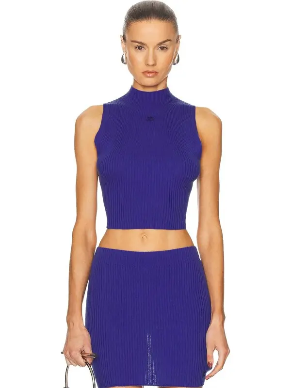 COURREGES Mock Neck Light Rib Top - Saphir
