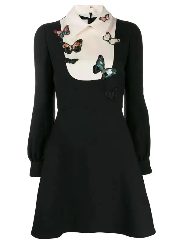 Valentino Garavani Embroidered Butterfly Flared Dress - Black