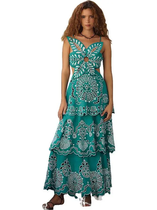 Farm Rio Embroidered Linen Fit-and-flare Midi Dress - Green